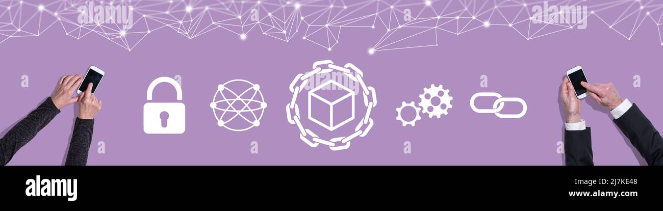 Top view of hands using mobile phone with symbol of blockchain concept ...