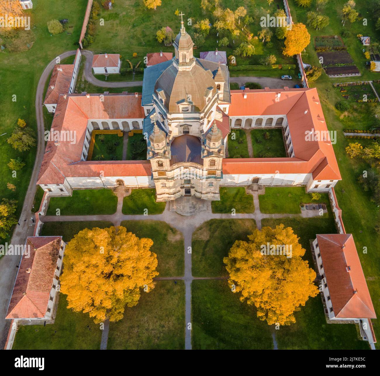 Aerial view of a sunset at Pazaislis monastery in Kaunas, Lithuania in ...