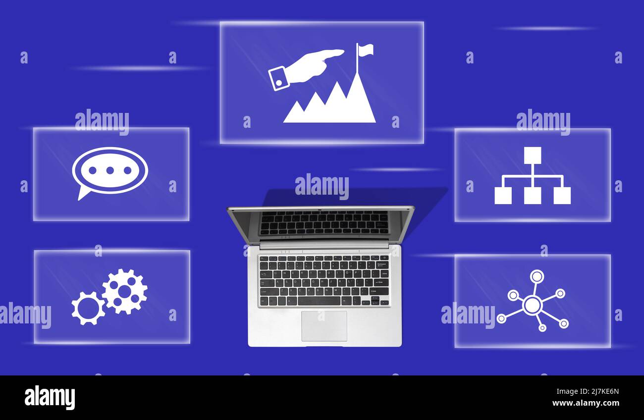 Top view of laptop with symbol of coaching concept Stock Photo - Alamy