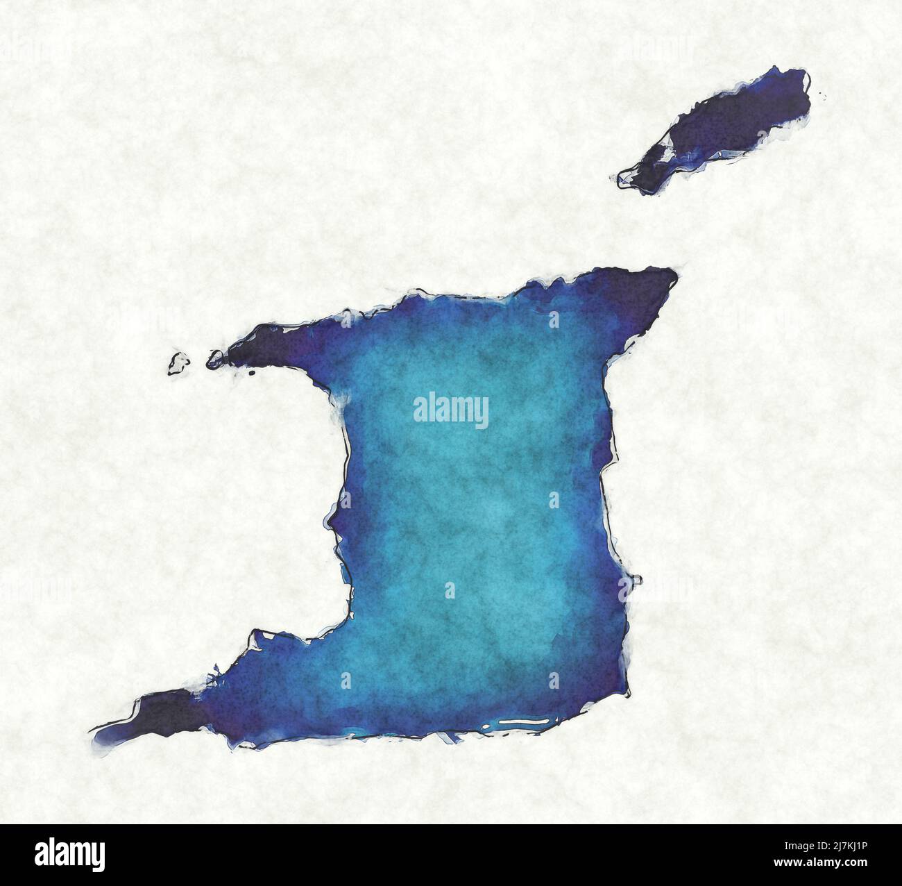 Trinidad and Tobago map with drawn lines and blue watercolor ...