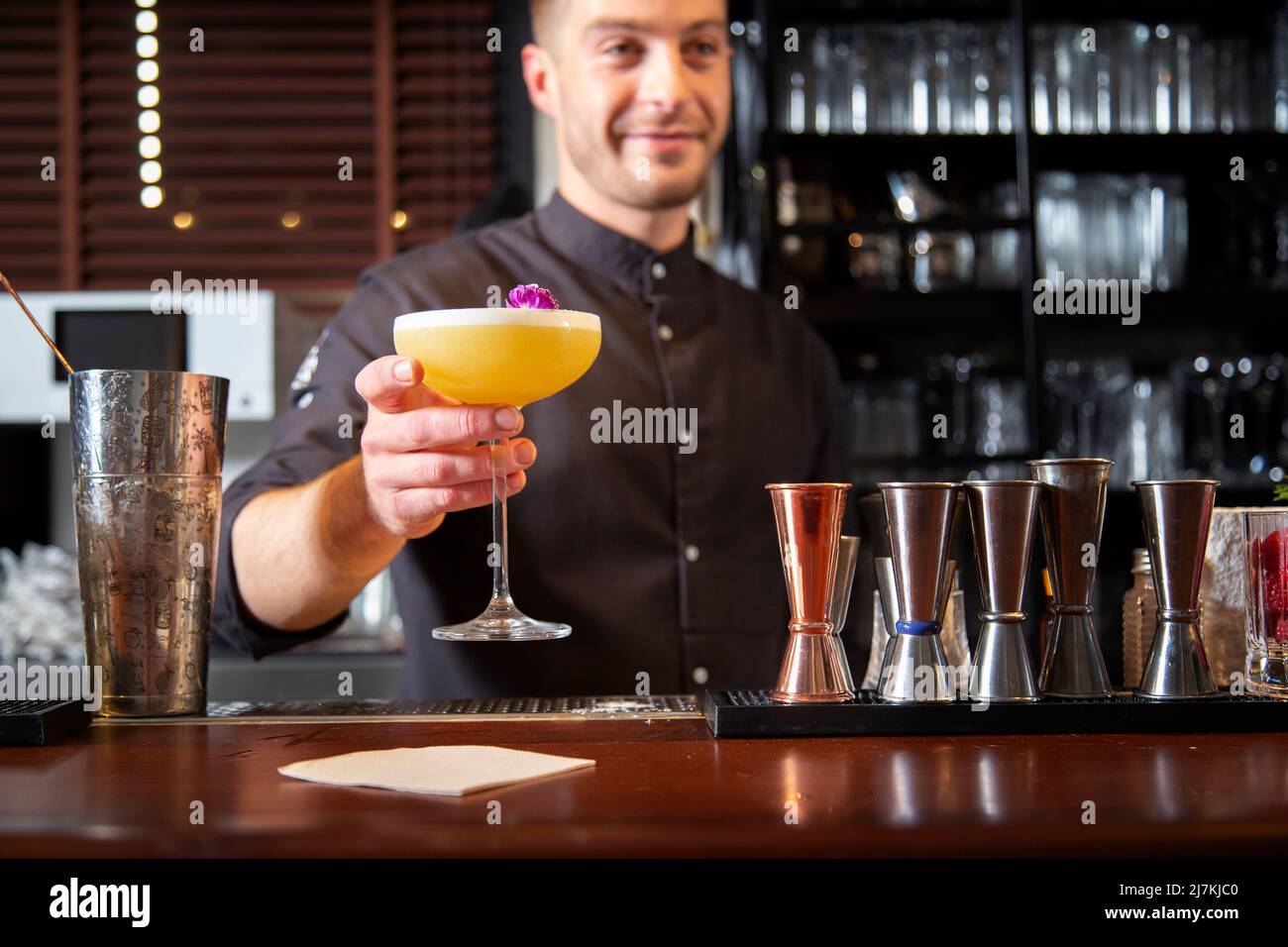 Crop friendly young male barkeeper in uniform serving delicious sour ...