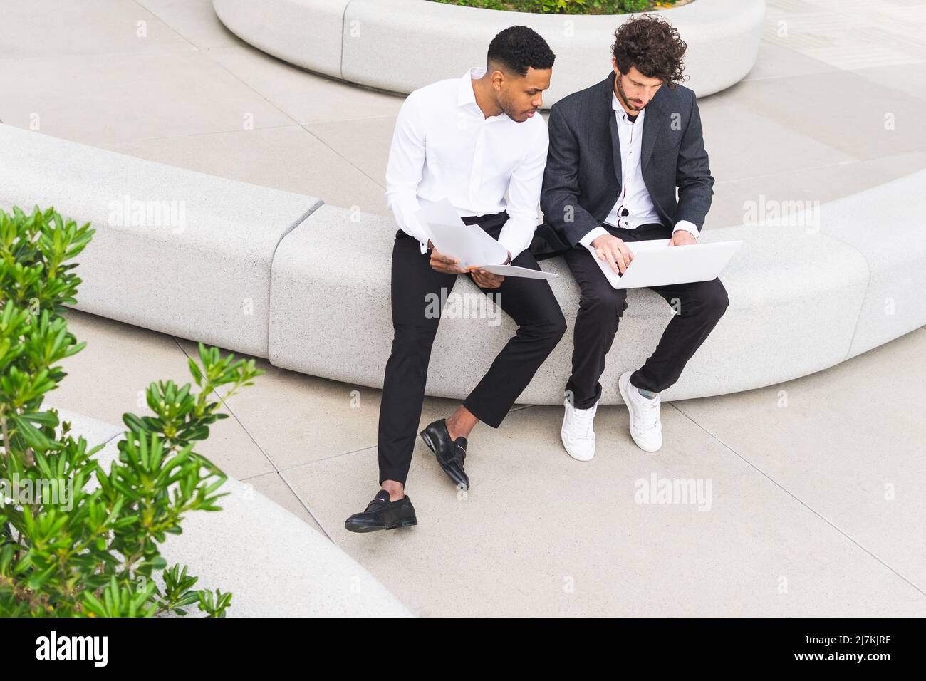 From above full body of multiracial male coworkers in formal wear with ...
