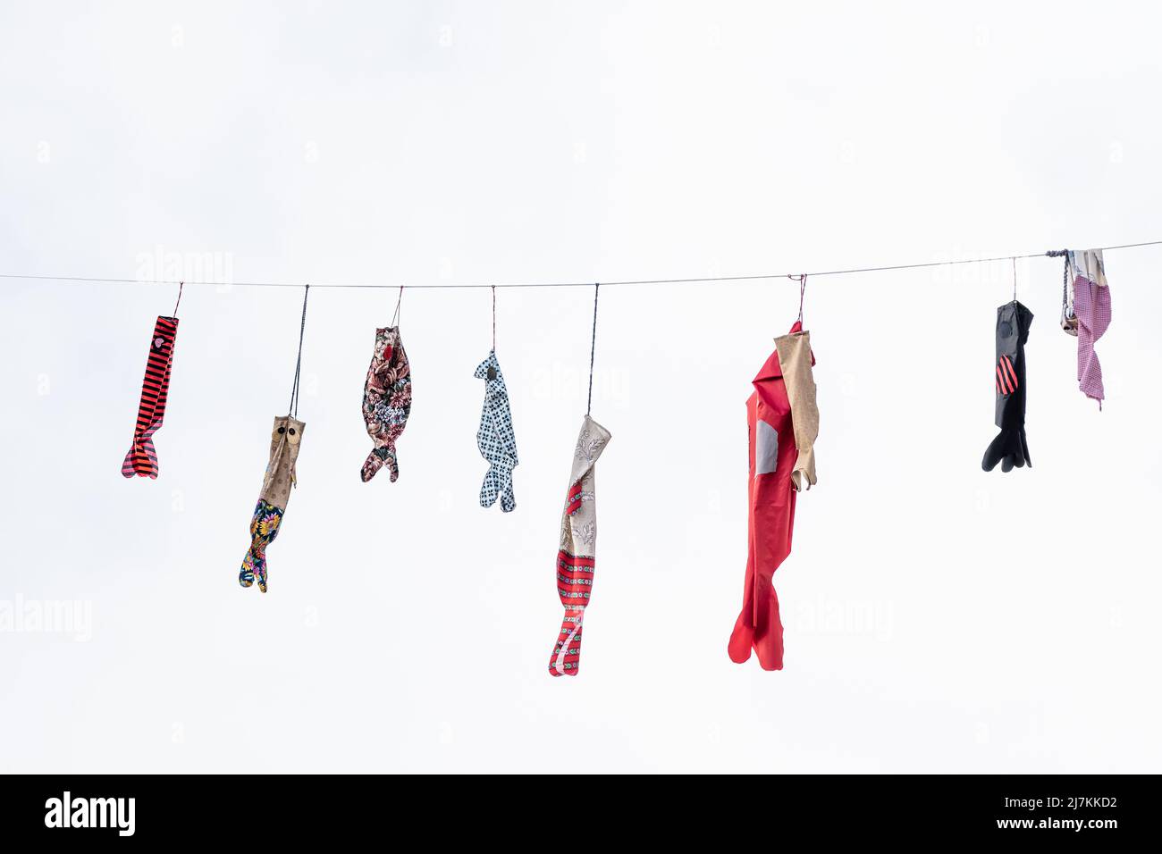 From below bunch of colorful fish made of fabric hanging on rope ...