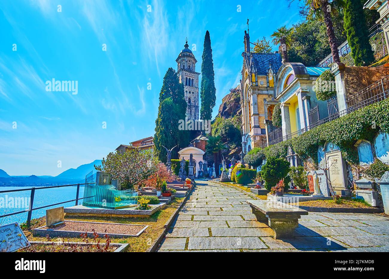 The beautiful historic Monumental Cemetery with an alley and lines of ...