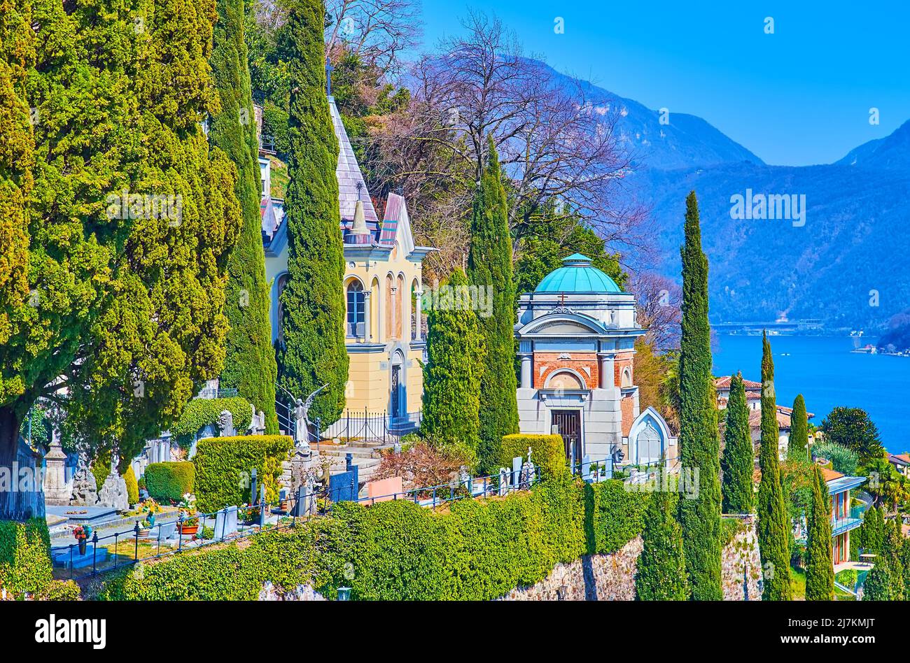 The old picturesque tombs of Monumental Cemetery in the topiary garden ...