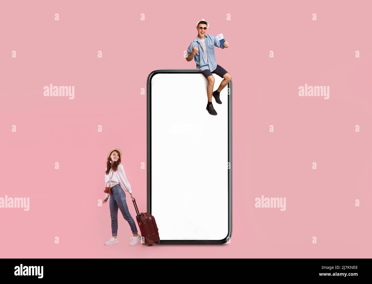 Vacation. Cheerful people showing big white empty smartphone Stock ...