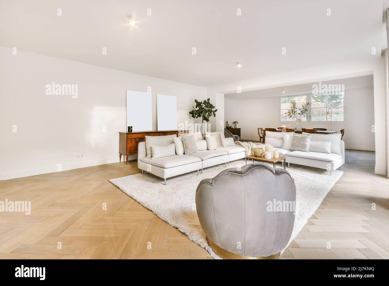 Interior of spacious contemporary living room with large comfortable ...