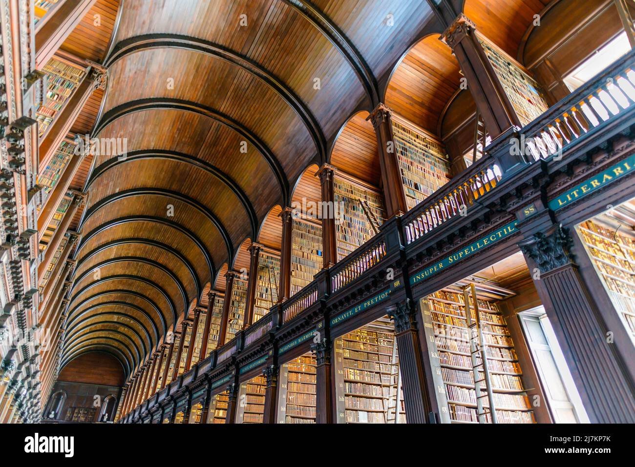 Long arched passage with fences and columns in light public library of ...