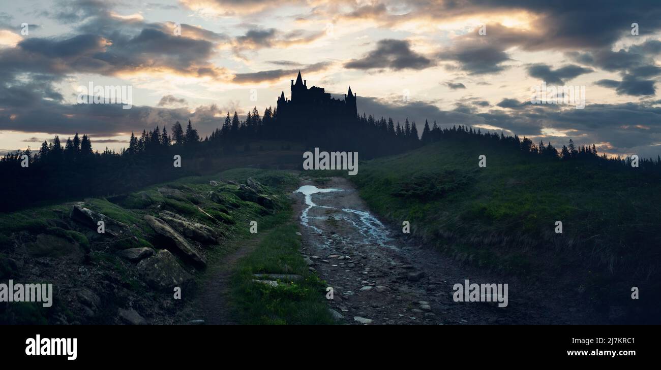 Road into the unknown. Scary and mystic theme, ancient castles, rocks ...