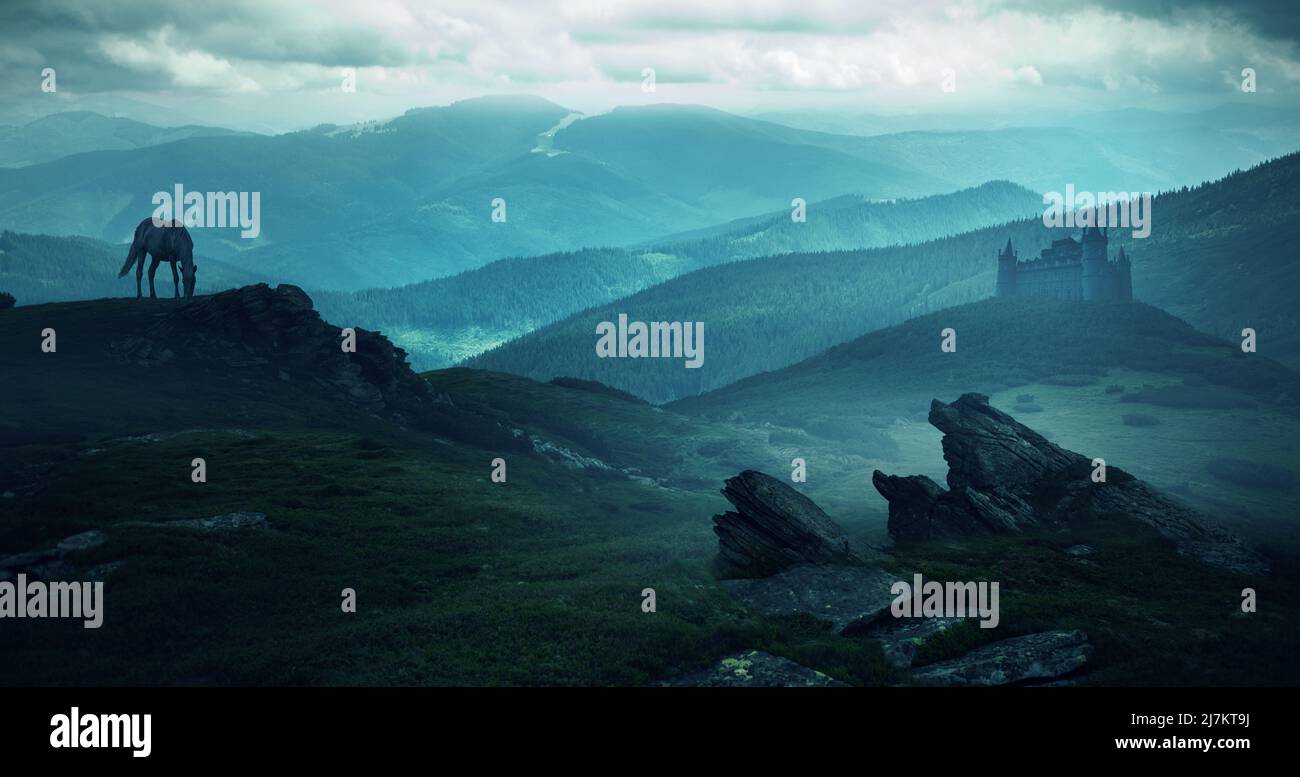 Sunrise. Scary and mystic theme, ancient castles, rocks and mountains ...