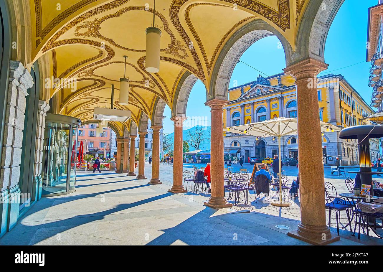 LUGANO, SWITZERLAND - MARCH 25, 2022: The scenic arcade of historic ...