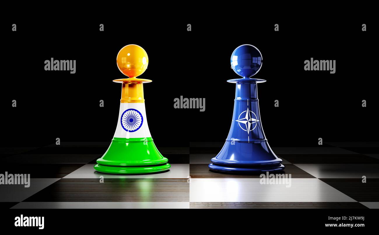 India and NATO relations, chess pawns with flags - 3D illustration ...