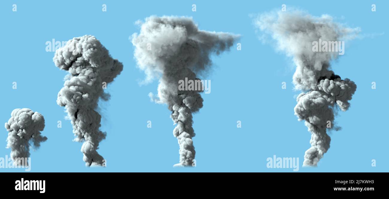 4 different renders of heavy bright smoke column as from volcano or big ...