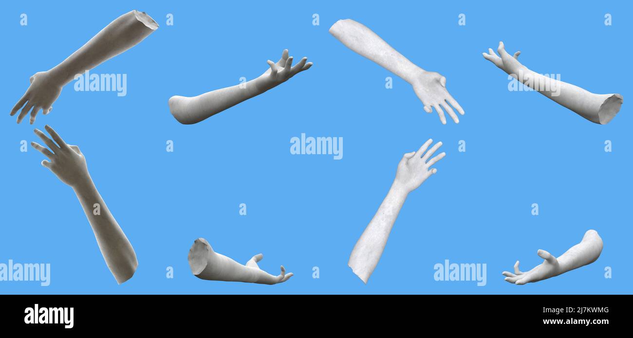 Set of white concrete statue hand renders isolated on blue, lights and ...