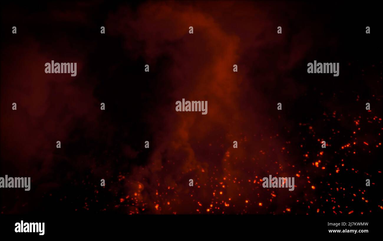 Dark war or battle actions backdrop with smoke sparks and fire ...