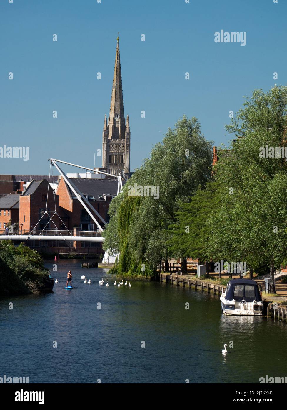 The River Wensum part of The Norfolk Broads, with Norwich Cathedral ...