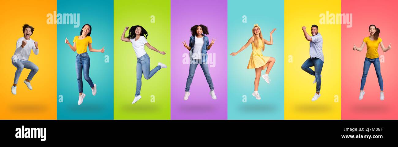 Joyful diverse people jumping up on colorful backgrounds, collage Stock ...