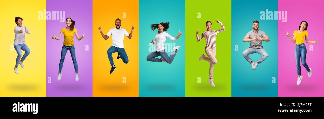 Joyful multiracial people jumping up on colorful backgrounds, showing ...