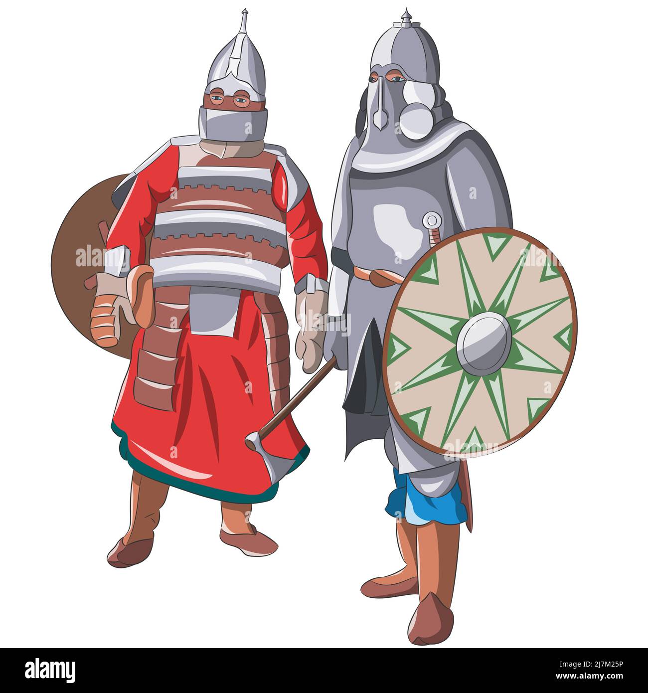 Warriors in Scythian armor with shields and weapons. Vector ...