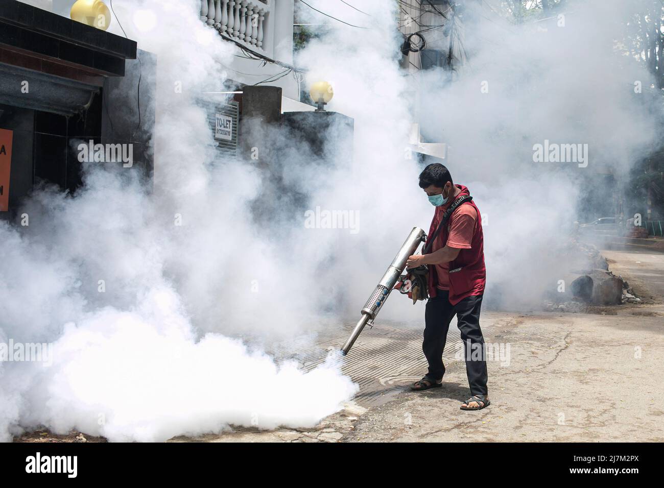 A city corporation employee spraying insecticide with a fogger machine ...