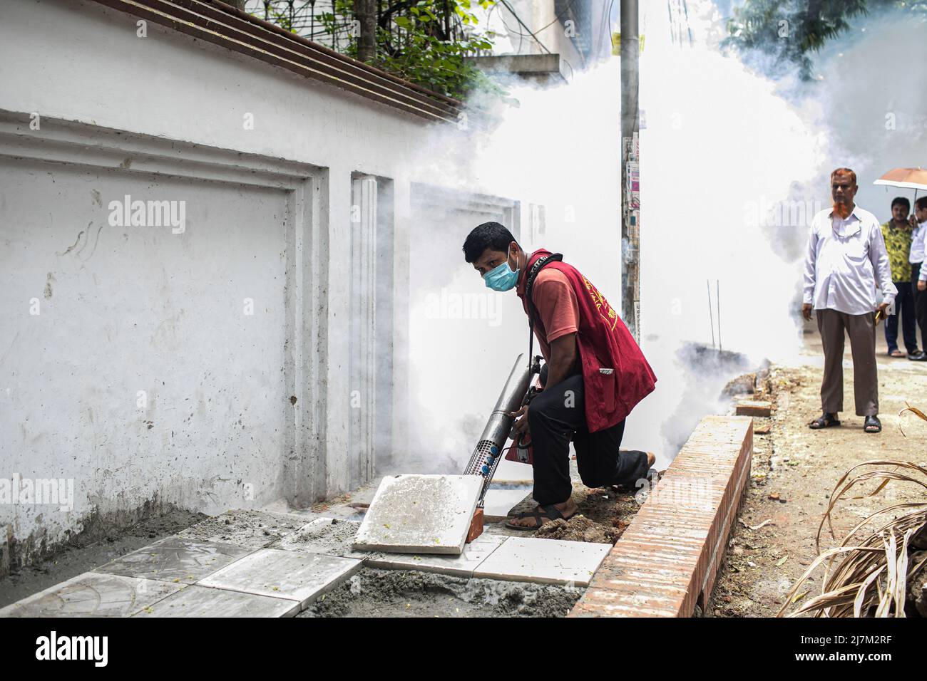 A city corporation employee spraying insecticide with a fogger machine ...