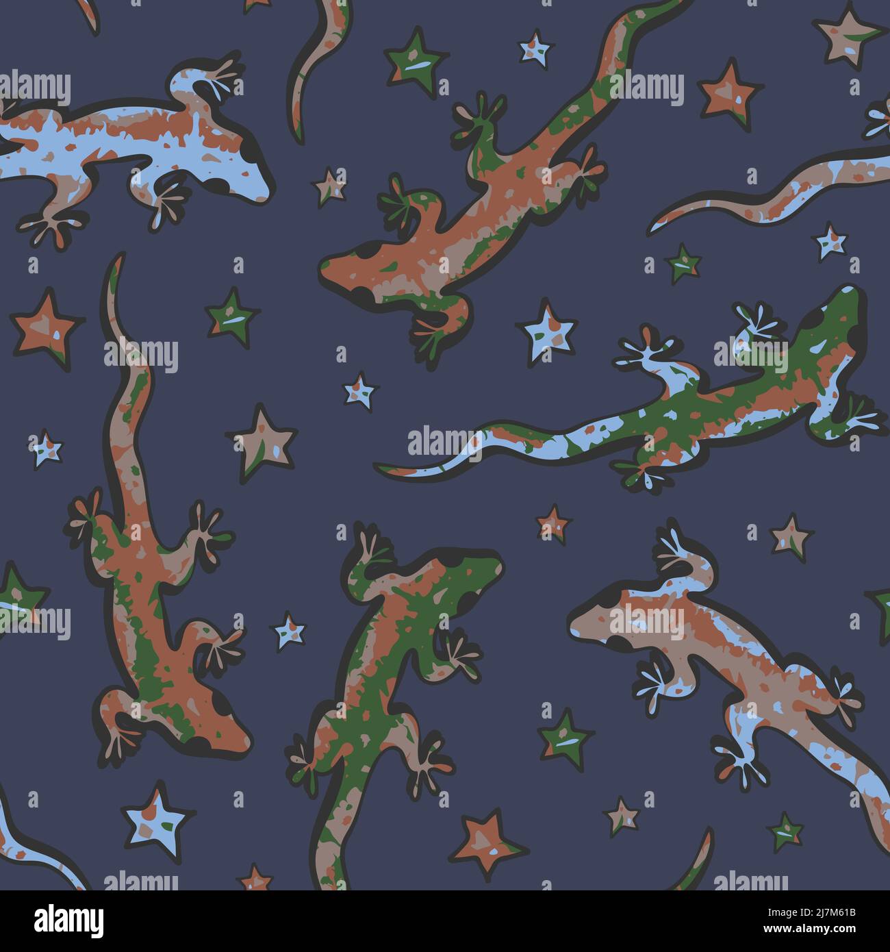 Seamless vector pattern with colourful geckos on blue background ...