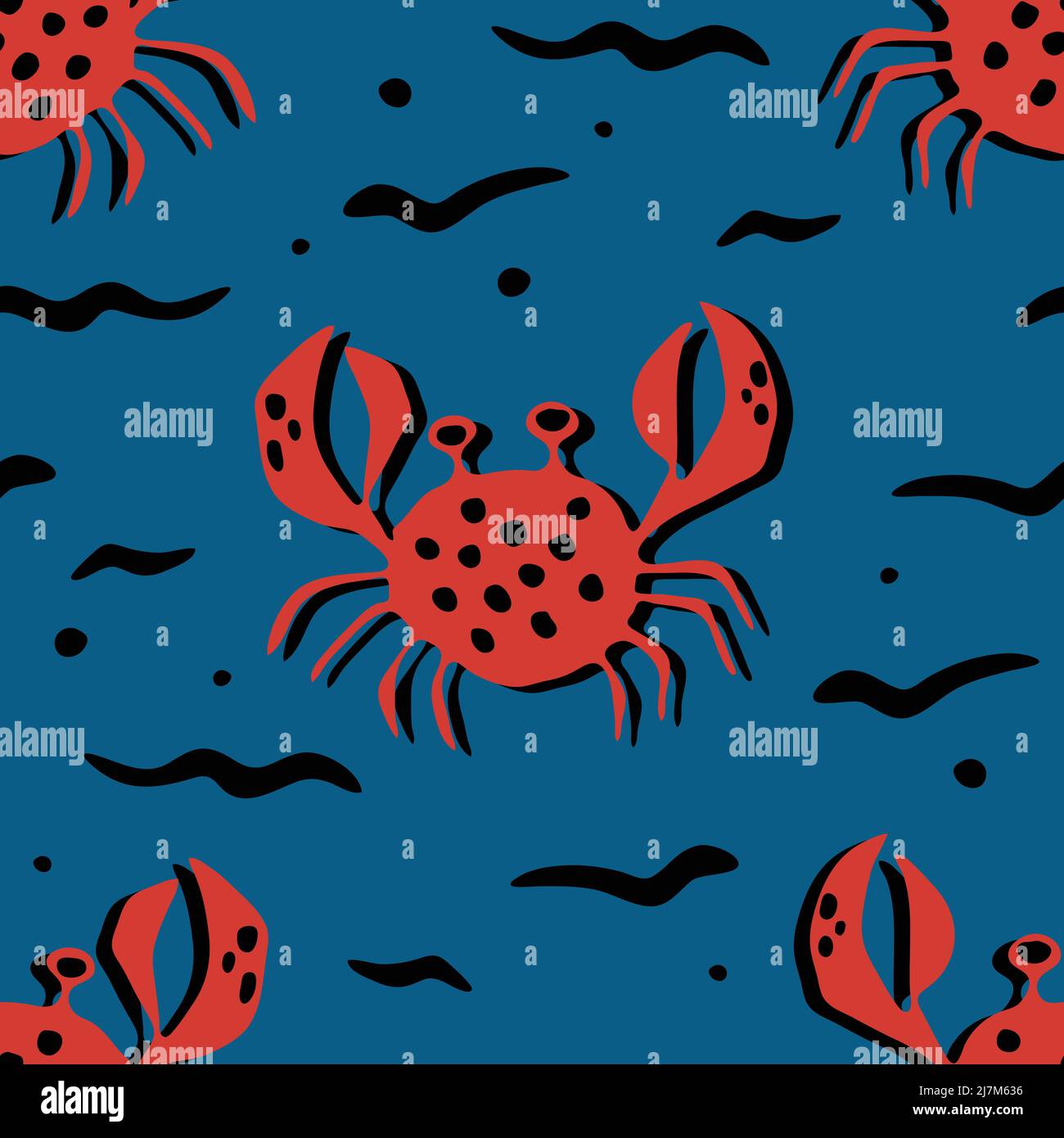 Seamless vector pattern with crabs on blue background. Simple hand ...