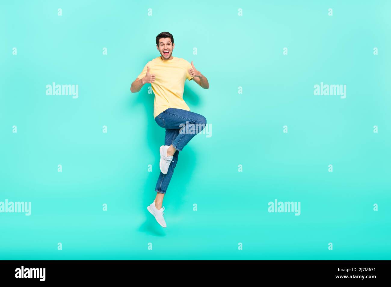 Full body photo of excited cheerful person two hands show thumb up ...