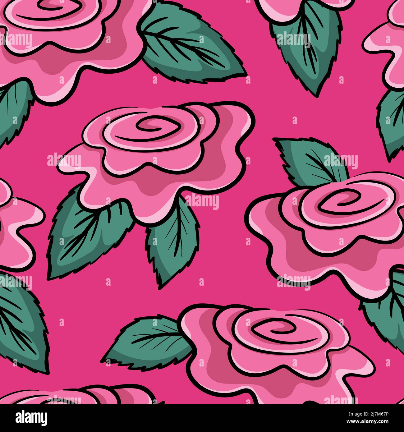 Spring colorful vector illustration with pink roses. Cartoon style ...