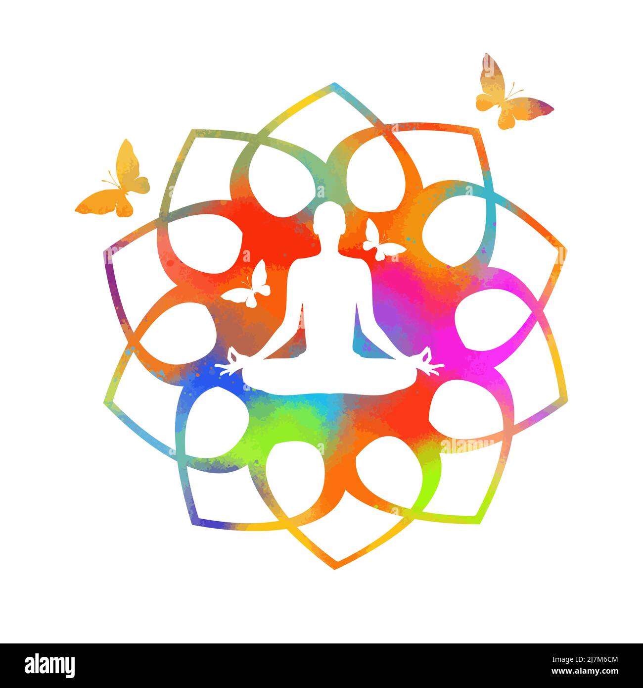 Colorful woman in the yoga pose background with butterflies. Vector ...