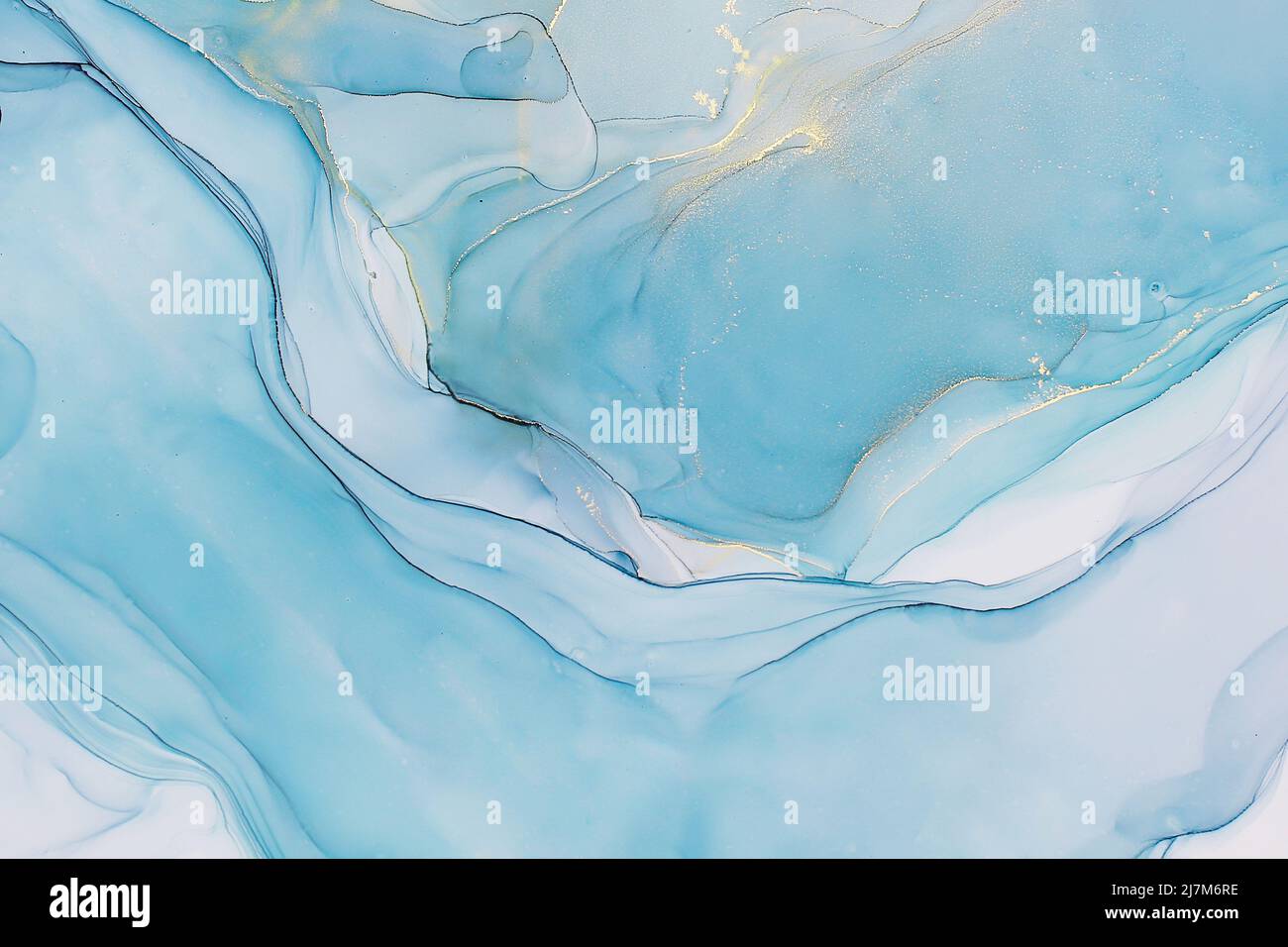 Abstract alcohol ink painting texture in blue azure tones with golden ...