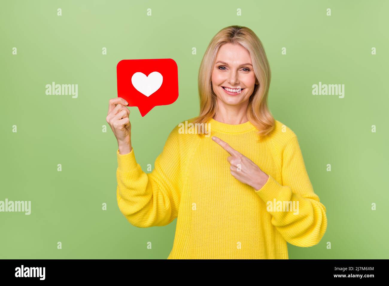 Photo of lady influencer point finger demonstrate popular post wear ...