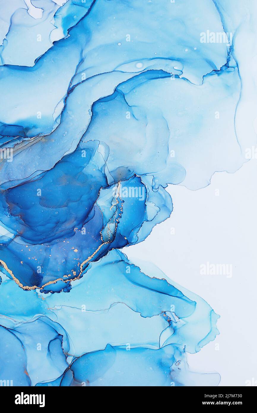 Abstract alcohol ink background in blue azure tones with golden ...