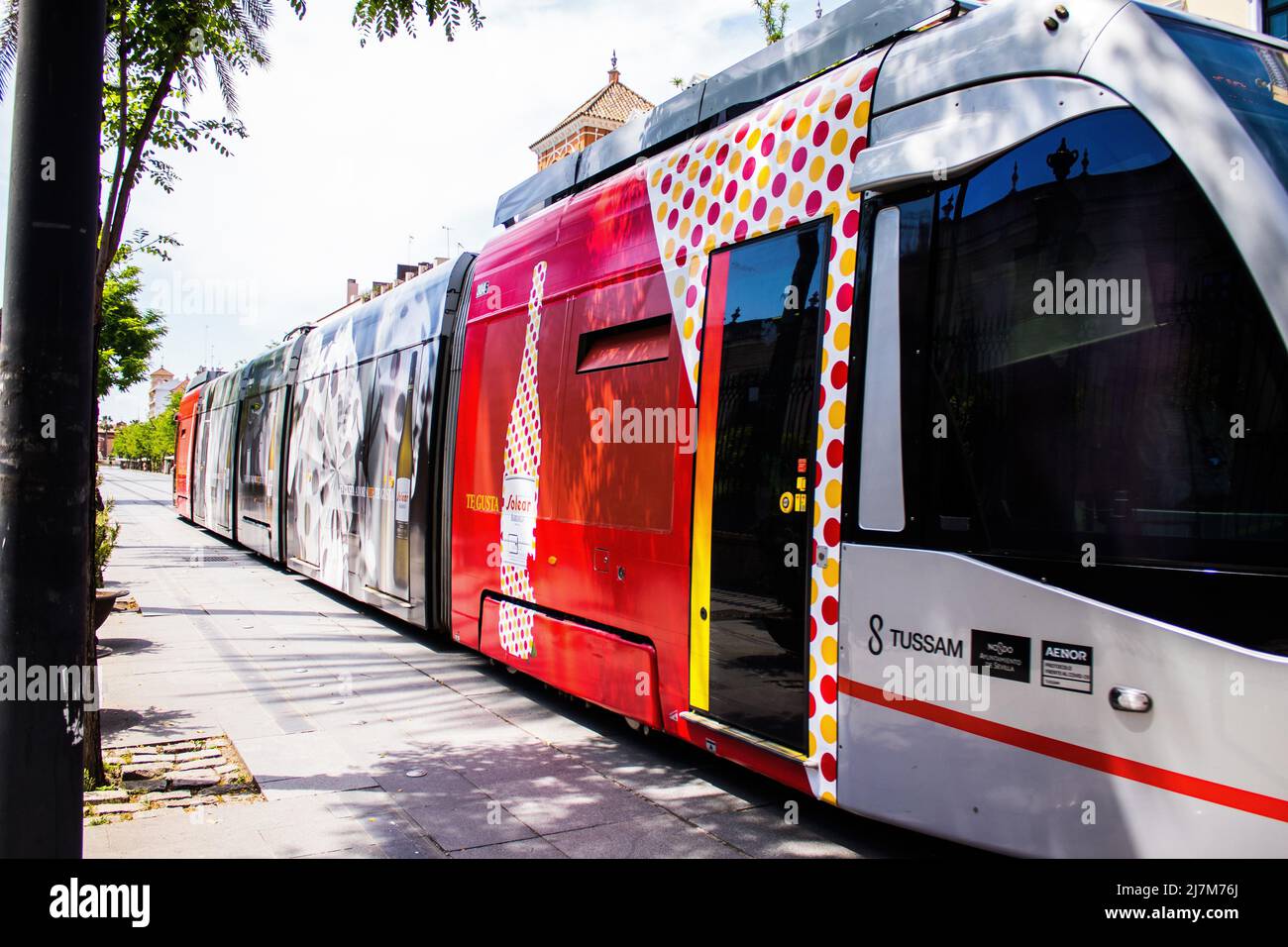 Seville, Spain - May 09, 2022 Modern electric tram for passengers ...