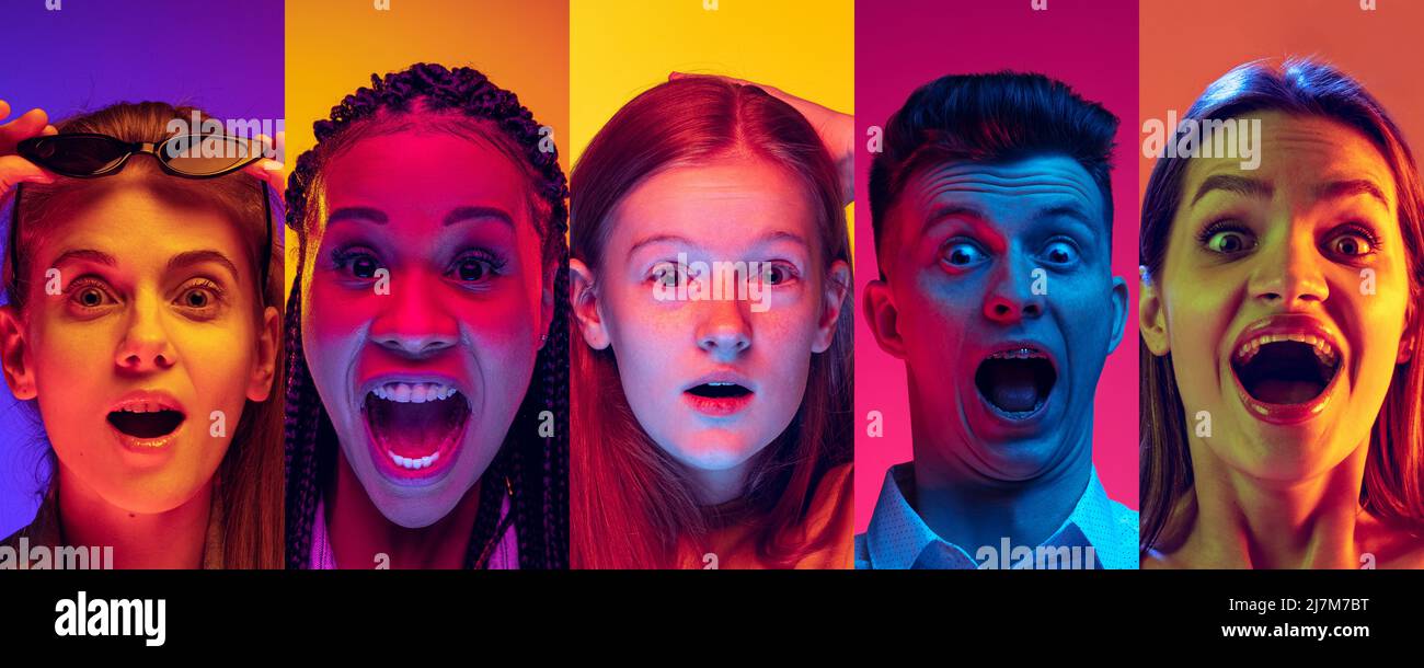 Collage of portraits of young emotional people on multicolored ...