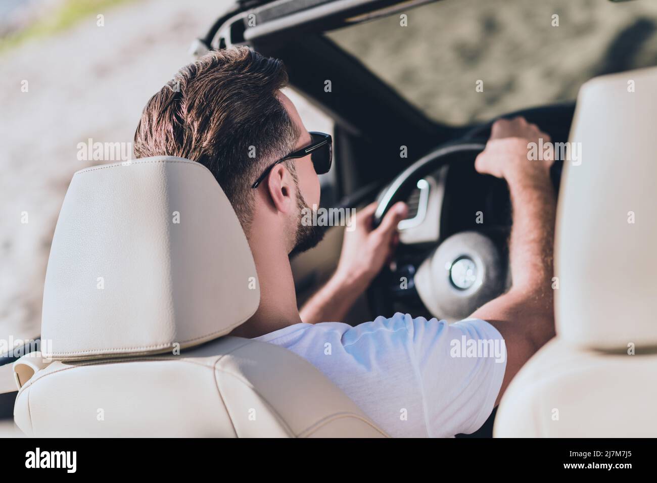 Photo of handsome cute boyfriend dressed casual outfit sunglass driving ...