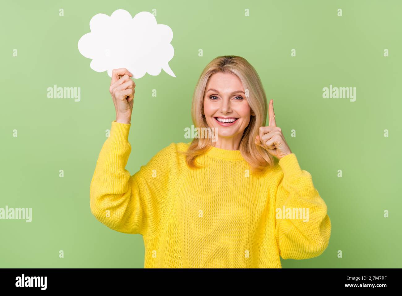 Photo of clever aged lady expert hold speech bubble imagine conclusion ...