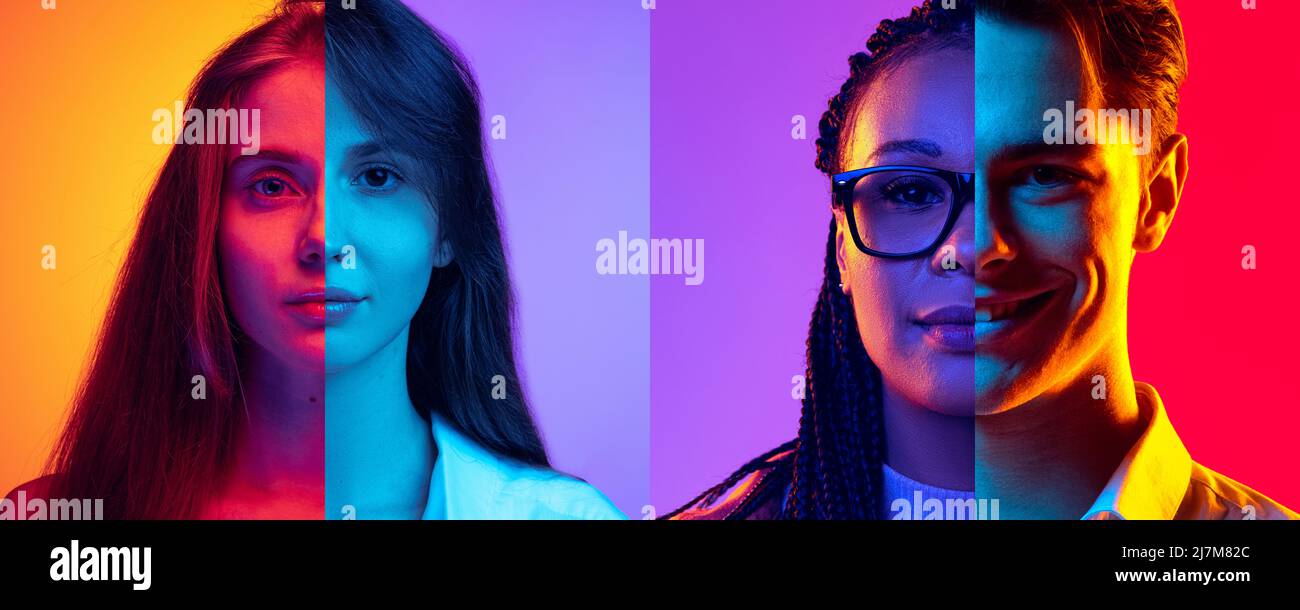 Gender equality. Couple of cropped images of multiethnic men and women ...