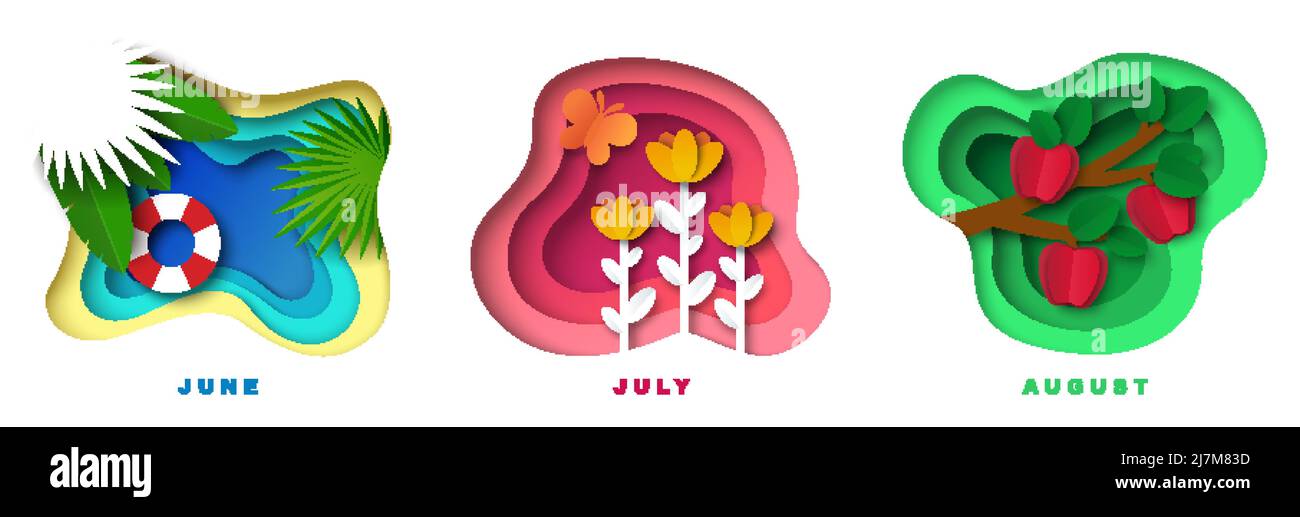 Summer month paper cut art craft style 3d vector Stock Vector Image ...