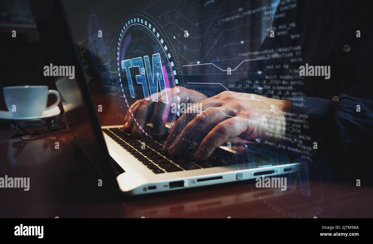 NFT Non-Fungible Token and digital collectibles symbol and man typing computer keyboard. Hands ...