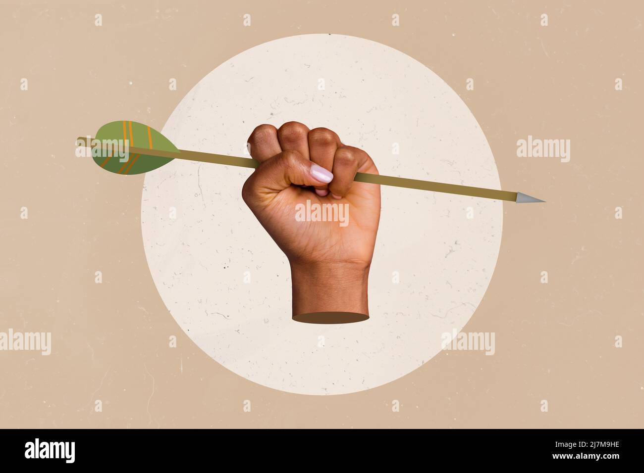 Collage picture of female hand holding arrow in round white circle ...