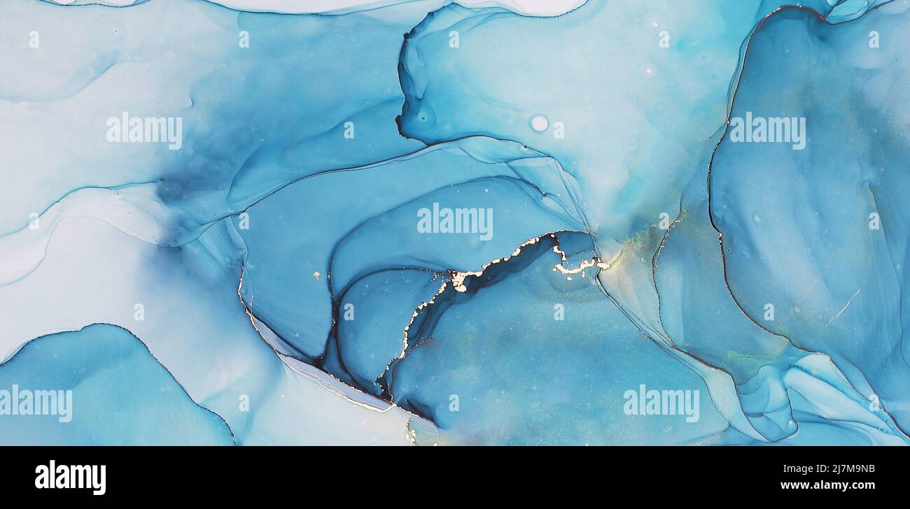 Abstract alcohol ink painting texture in blue azure tones with golden ...