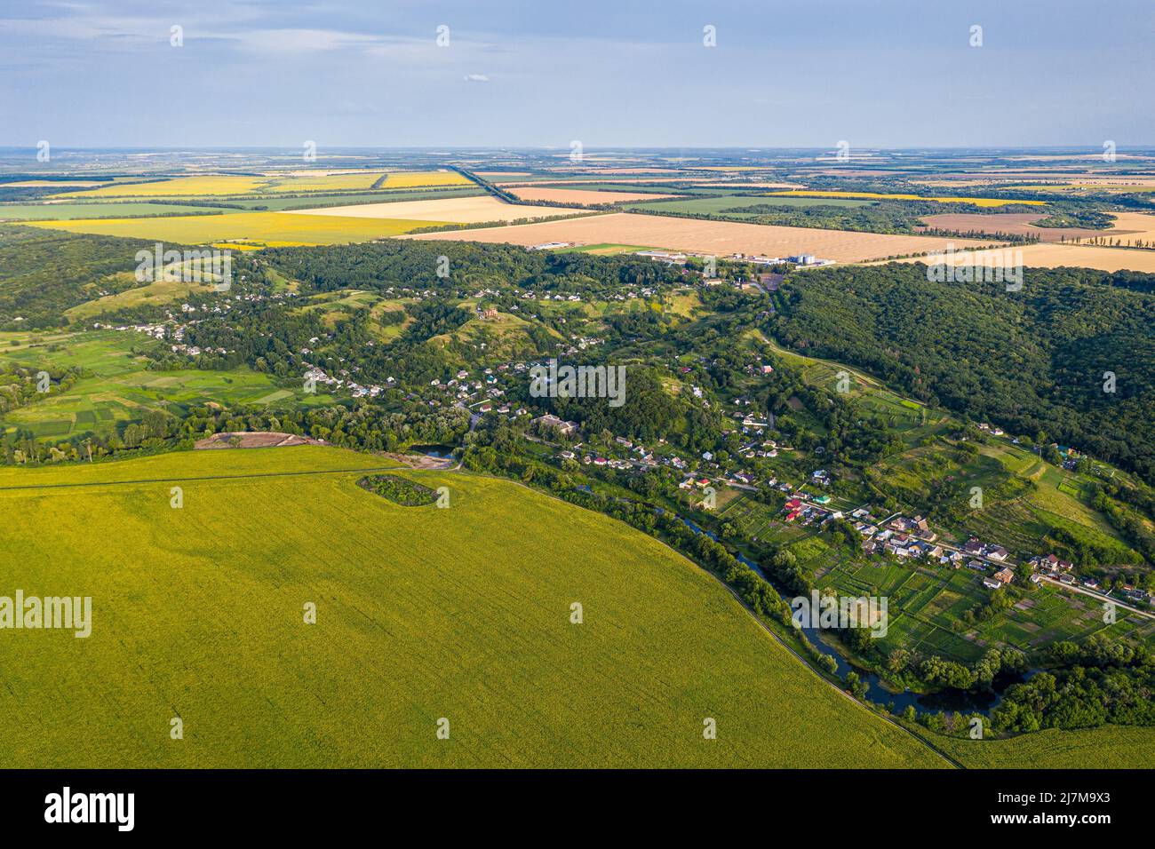 Top view of green fields. Beautiful forest, blue sky, clouds. River flows Stock Photo - Alamy