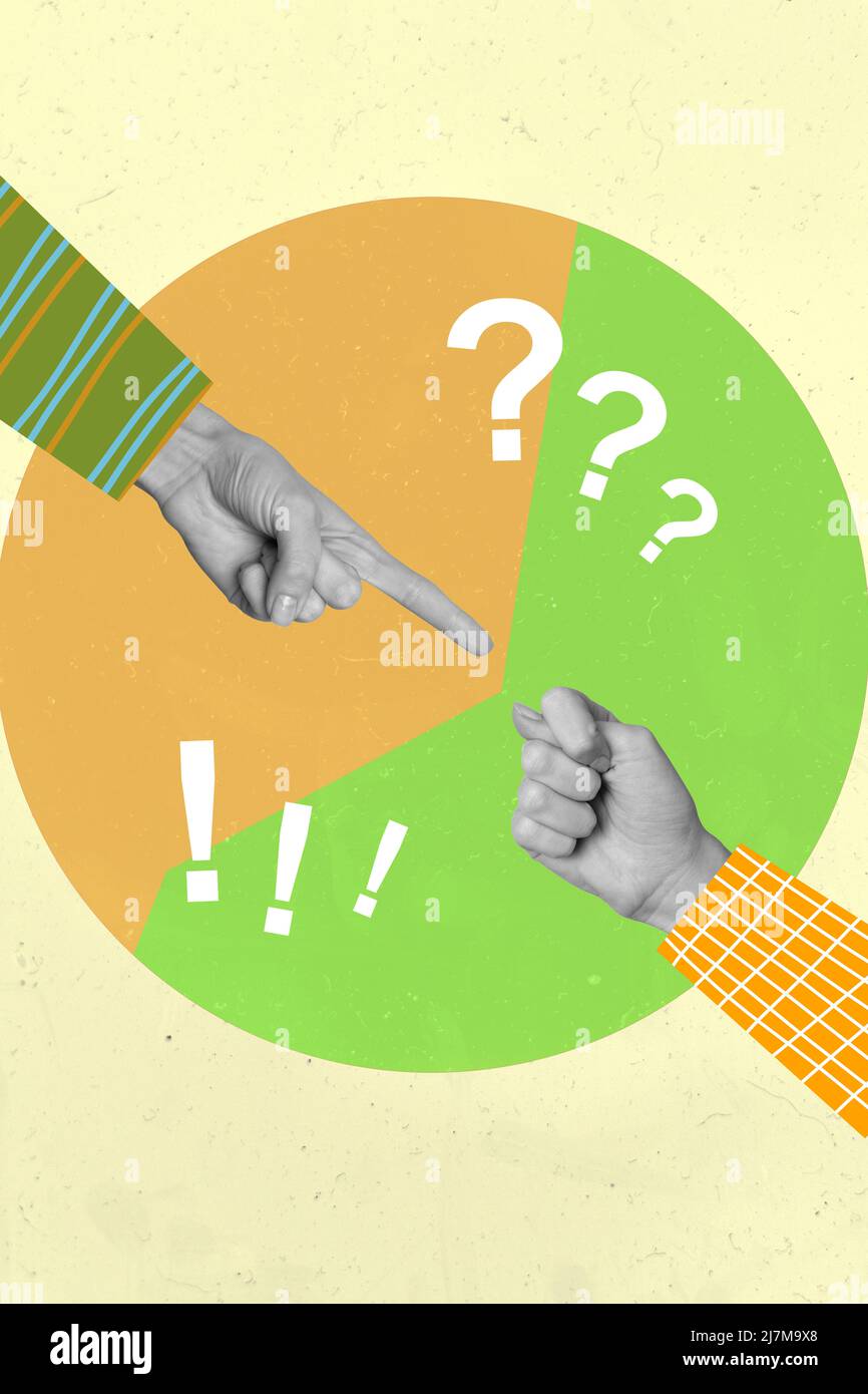 Vertical creative collage of two arms demonstrate fig gesture point ...