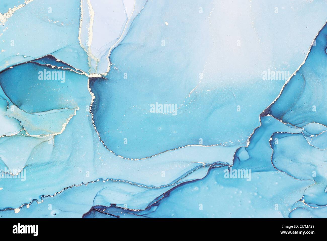 Abstract alcohol ink background in blue azure tones with golden ...