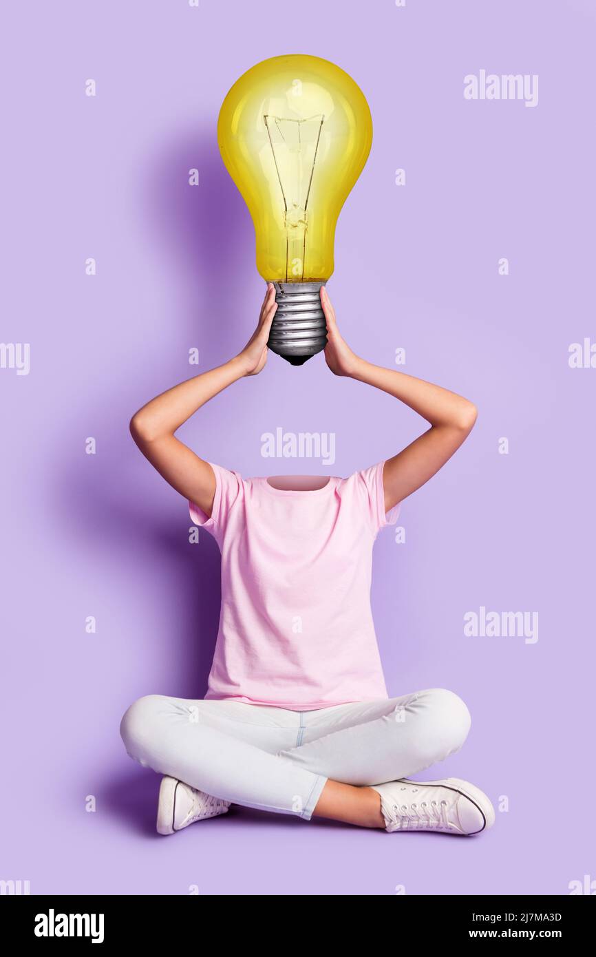 Collage image of young lady connect light bulb to herself think ...