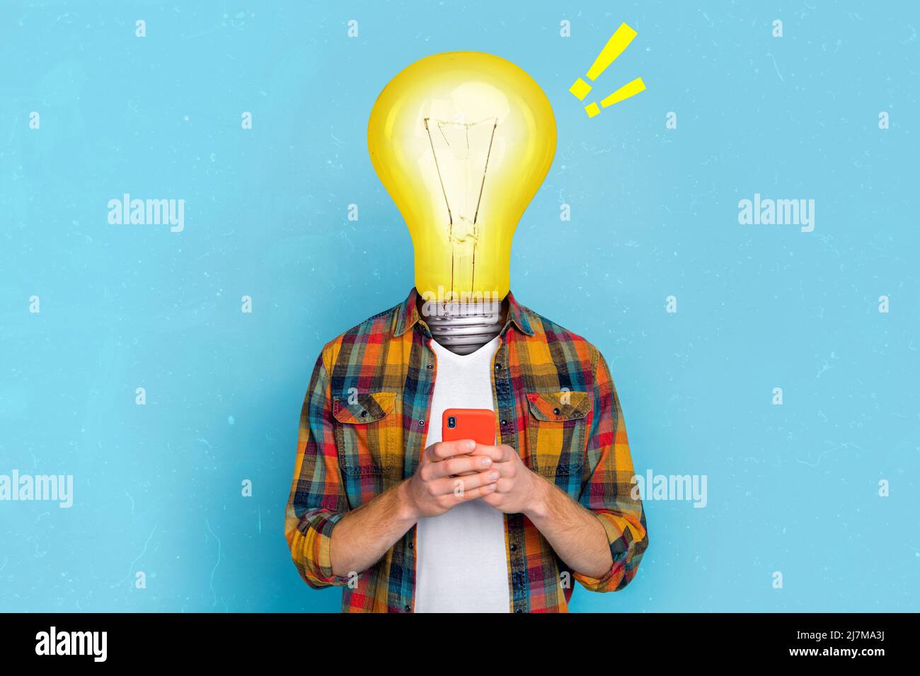 Collage photo of thinking intelligent light bulb head man surfing ...