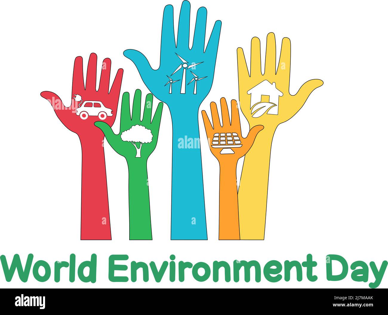 colorful hands with alternative energy illustration near world ...