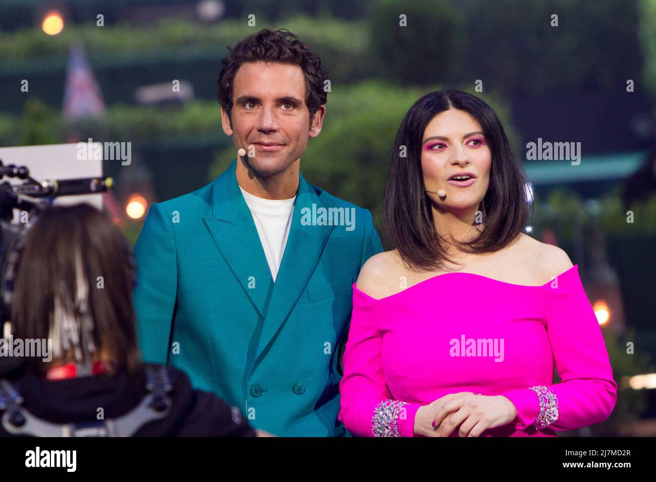 Turin, Italy. 9th May 2022. Tv hosts Mika (left) and Laura Pausini ...