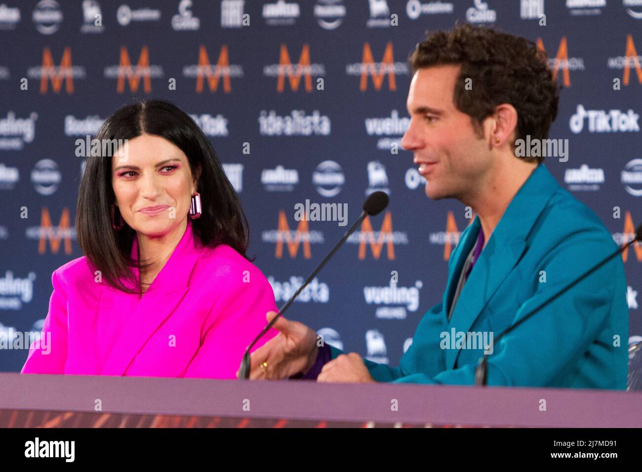 Turin, Italy. 9th May 2022. Singers Laura Pausini (left) and Mika ...